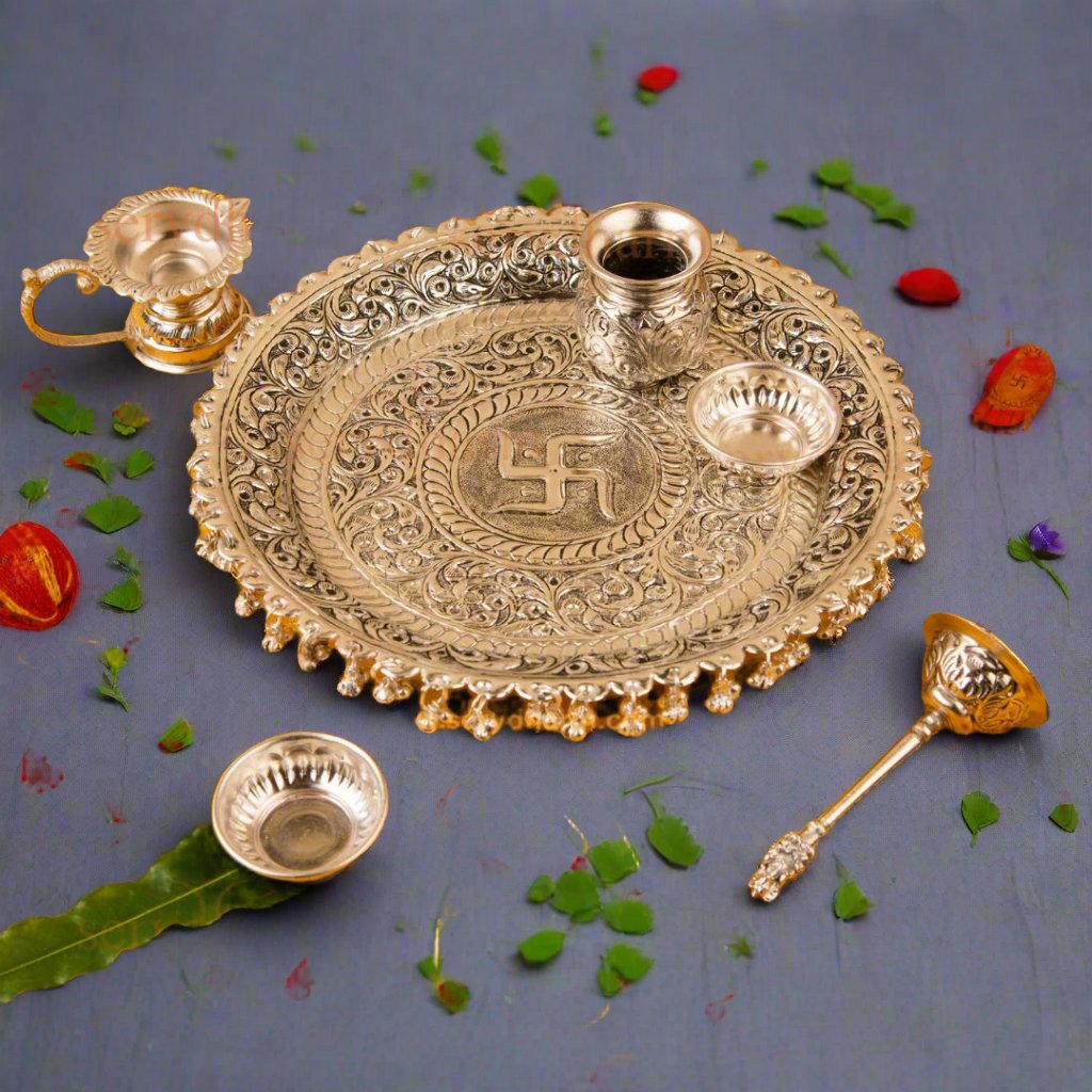 Intricately Designed Silver Plated Pooja Thali Set with Floral Pattern ...